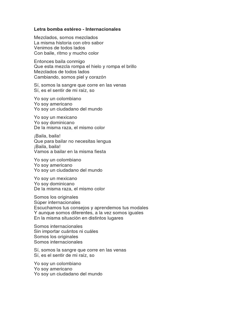 Letra de "Bomba Estéreo" Internacionales | PDF | Poesía