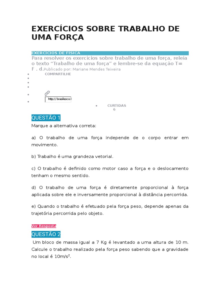 15 Exercícios Sobre Trabalho de Uma Força | PDF | Deslocamento (vetor ... 15 Exercícios Sobre Trabalho de Uma Força | PDF | Deslocamento (vetor ...