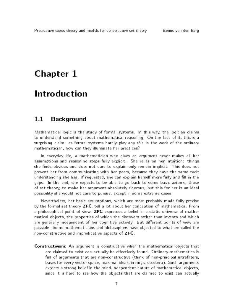 1.1 Background: Predicative Topos Theory and Models For Constructive Set Theory Benno Van Den ...