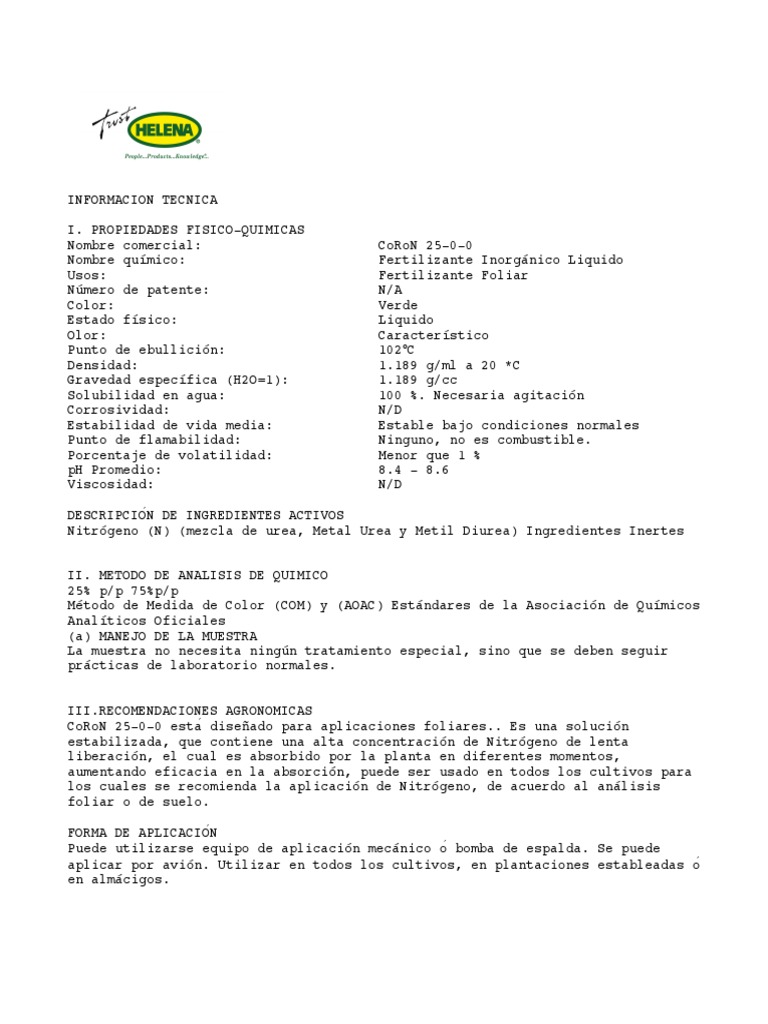 CoRoN 25-0-0: Fertilizante Foliar Eficaz | PDF | Fertilizante | Residuos