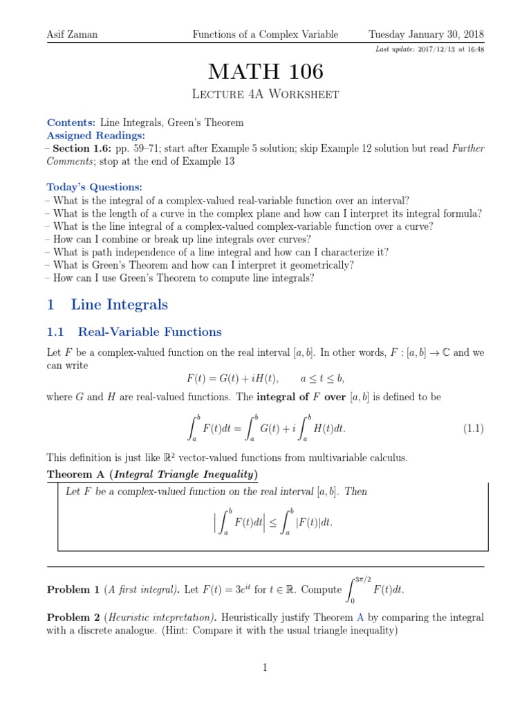 Complex Variables: Line Integrals & Green's Theorem | PDF | Integral ...