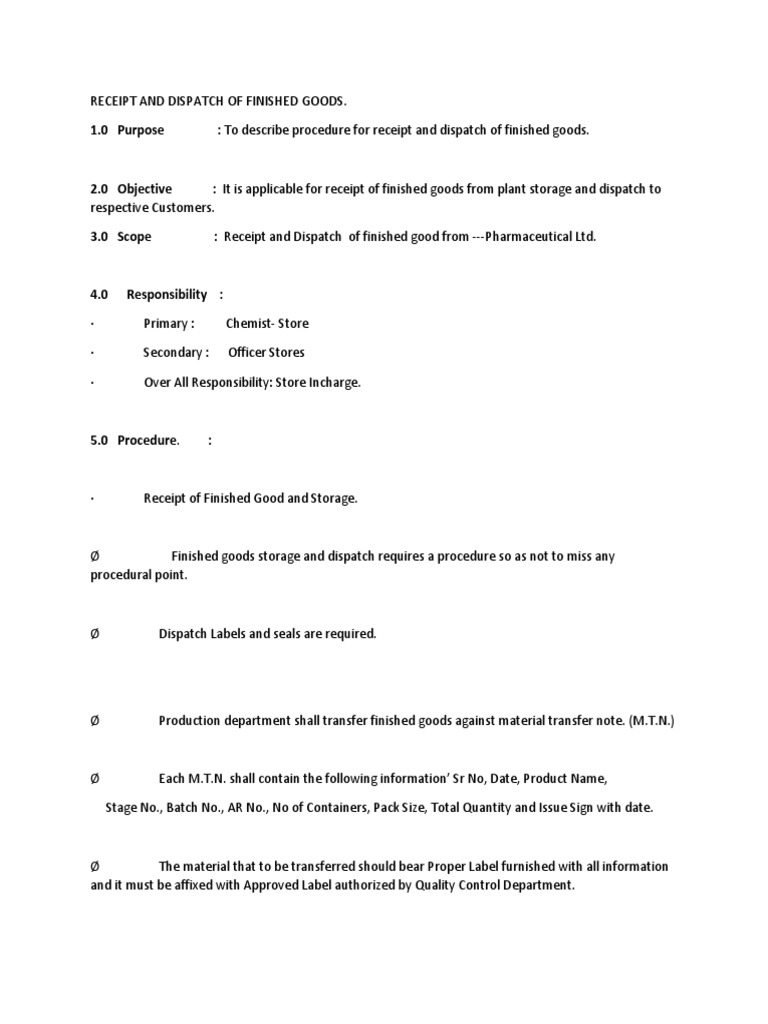 Receiving and Dispatch of Goods SOP and Template | PDF | Invoice ...