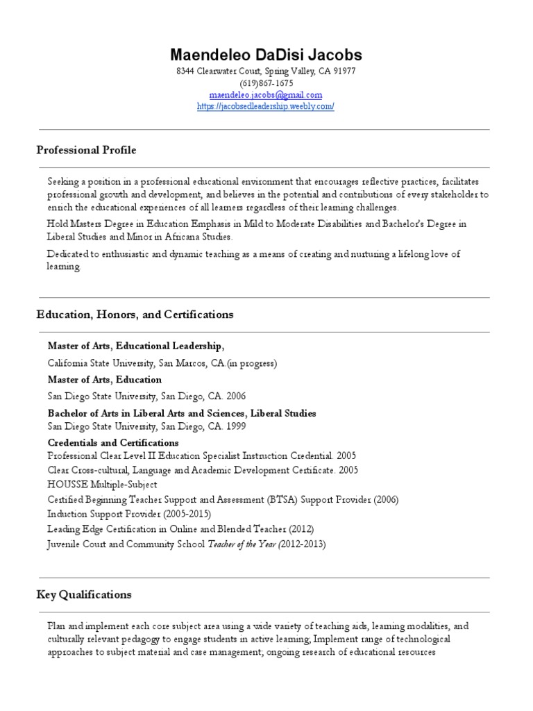 Jacobs Current Resume | PDF | Teachers | Pedagogy