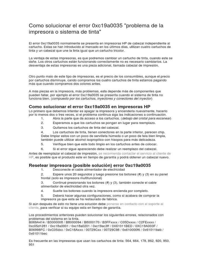 Como Solucionar El Error 0xc19a0035 | PDF | Impresora (Computación) | Tinta