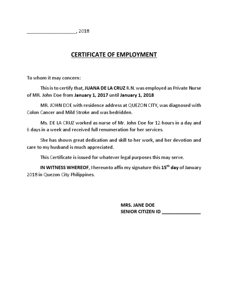 Certificate of Employment Nurse | PDF