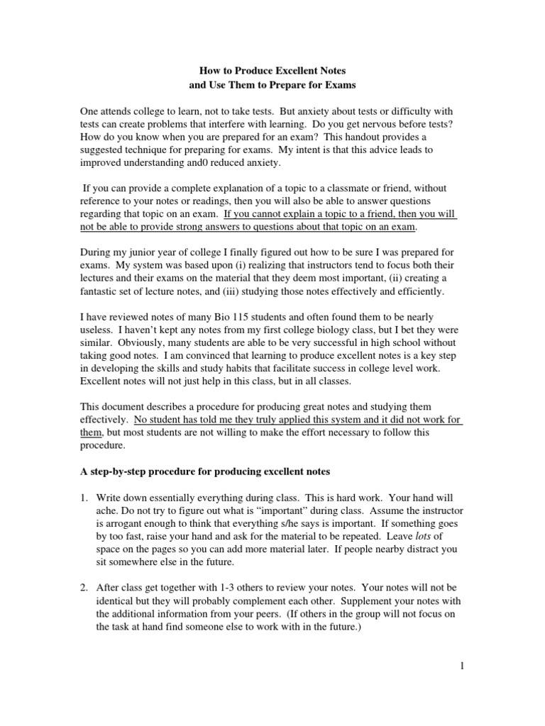 How To Produce Excellent Notes and Use Them To Prepare For Exams | PDF ...