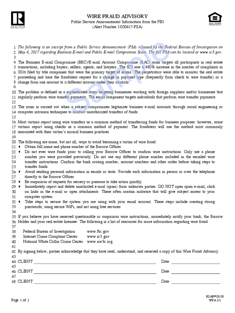 Wire Fraud Advisory 2018 Sample | PDF | Email Spam | Fraud