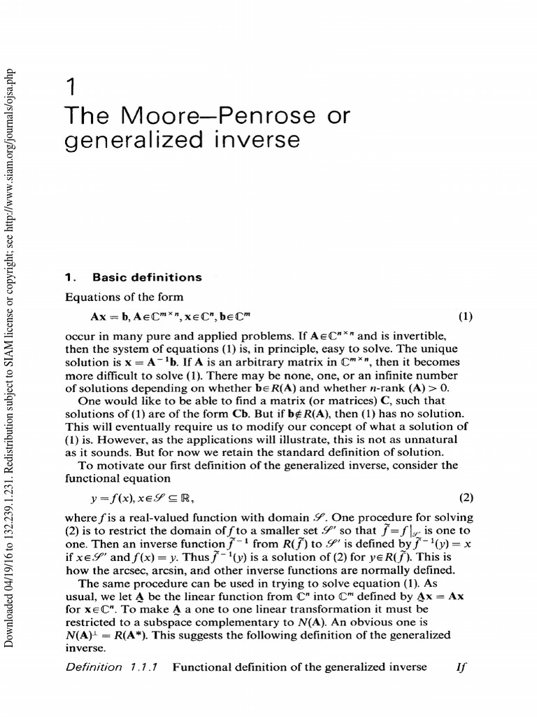 The Moore-Penrose or Generalized Inverse | PDF | Basis (Linear Algebra) | Matrix (Mathematics)