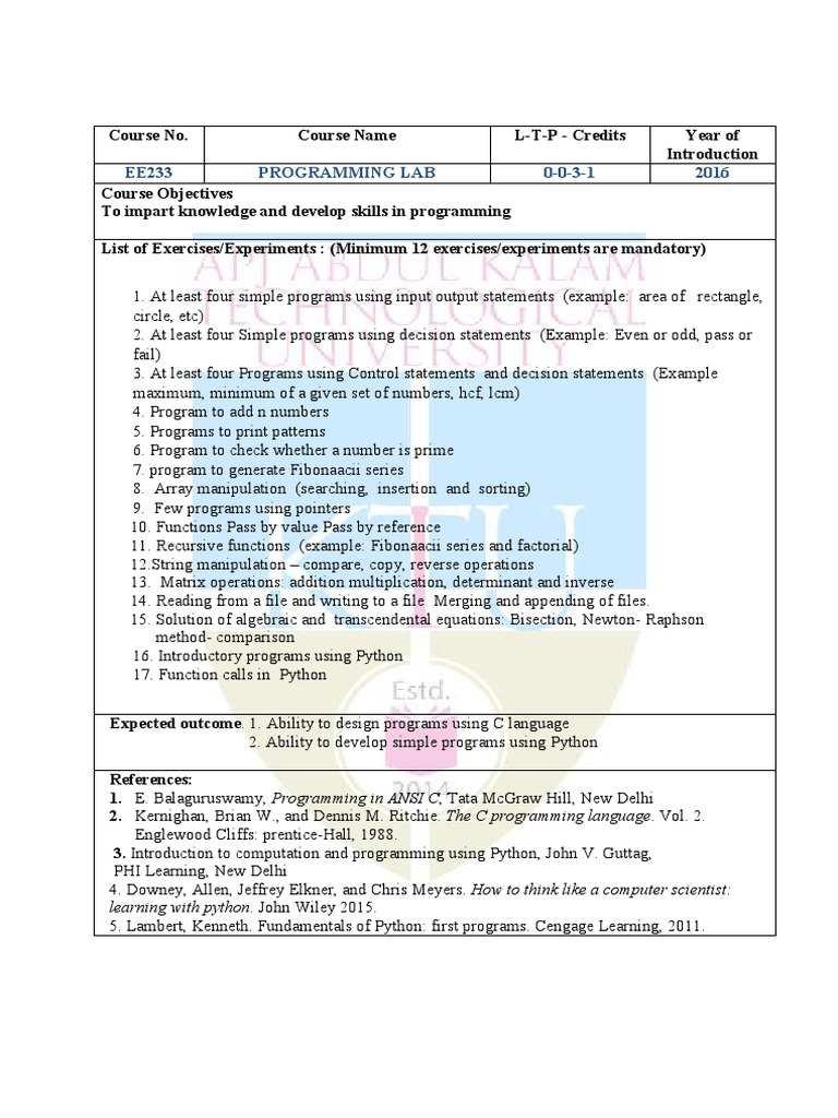 EE233 Programming Lab | PDF | C (Programming Language) | Computer ...