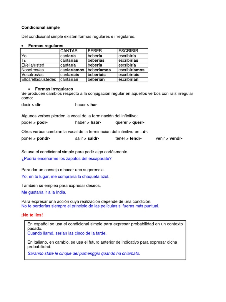 Condicional Simple: Conjugación y Usos | PDF | Verbo | Idiomas