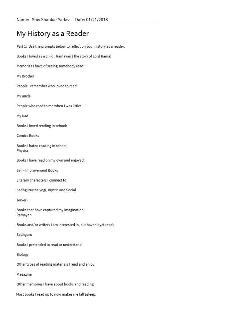 My History As A Reader: Name: Shiv Shankar Yadav Date: 01/21/2018 | PDF ...