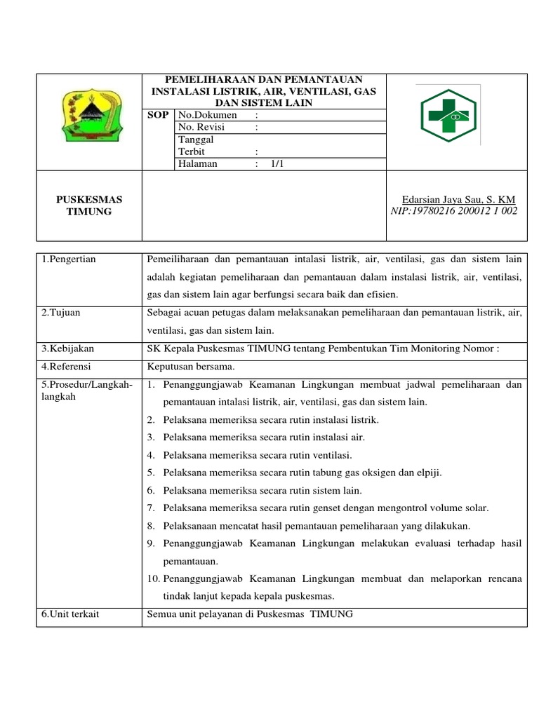 Sop Pemeliharaan Dan Pemantauan Instalasi Listrik | PDF