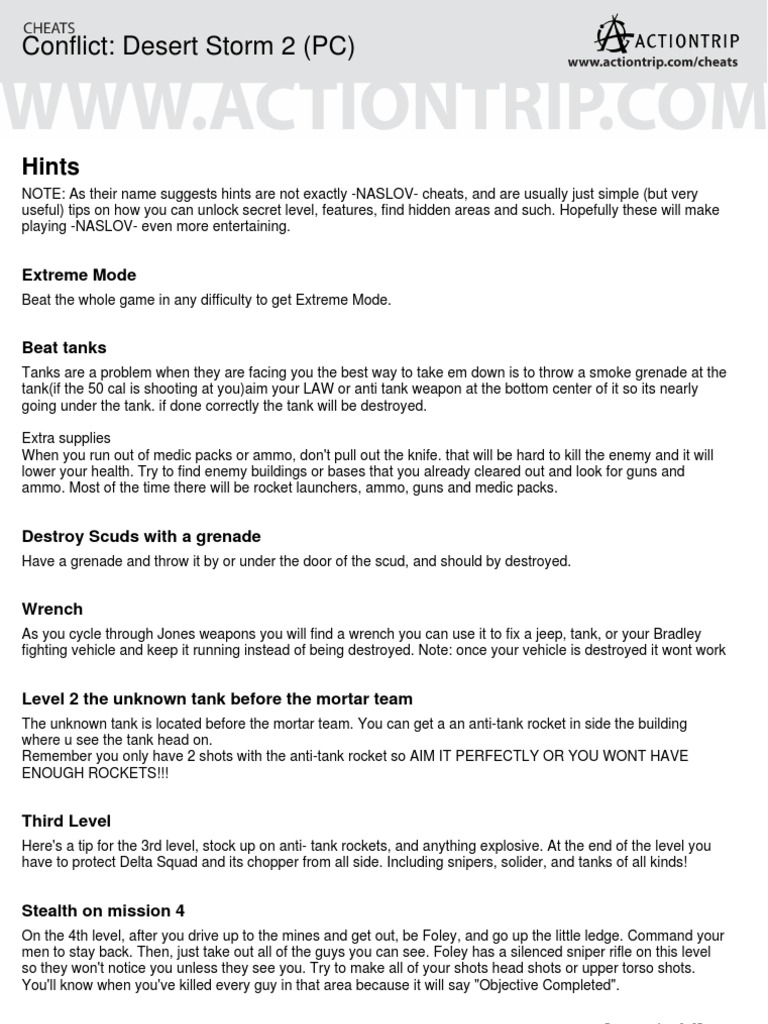 Conflict: Desert Storm 2 Cheats Guide | PDF | Anti Tank Warfare | Tanks