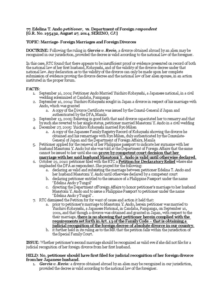 Ando V DFA (Family Code - Marriage - Foreign Marriages and Divorce ...