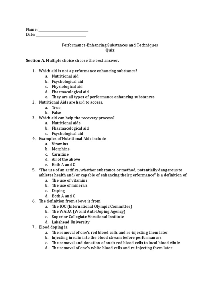 Performance-Enhancing Substances Quiz | PDF | Doping In Sport | Nutrition