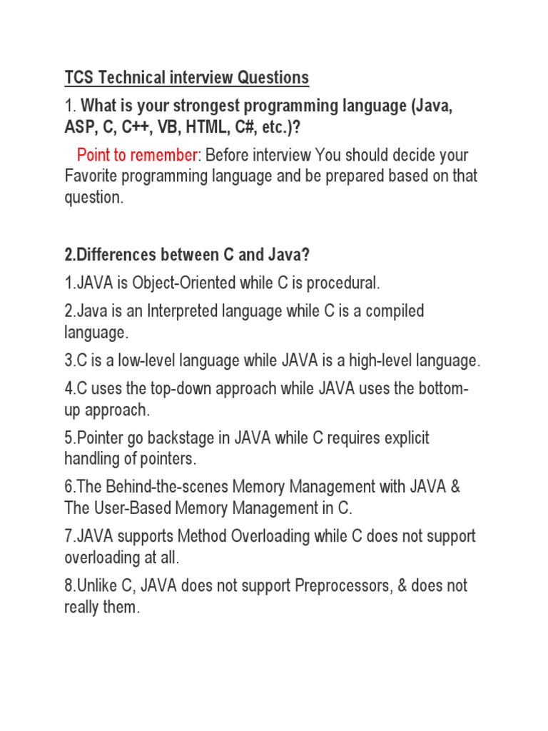 Point To Remember: TCS Technical Interview Questions ASP, C, C++, VB, HTML, C#, Etc.) ? | PDF ...