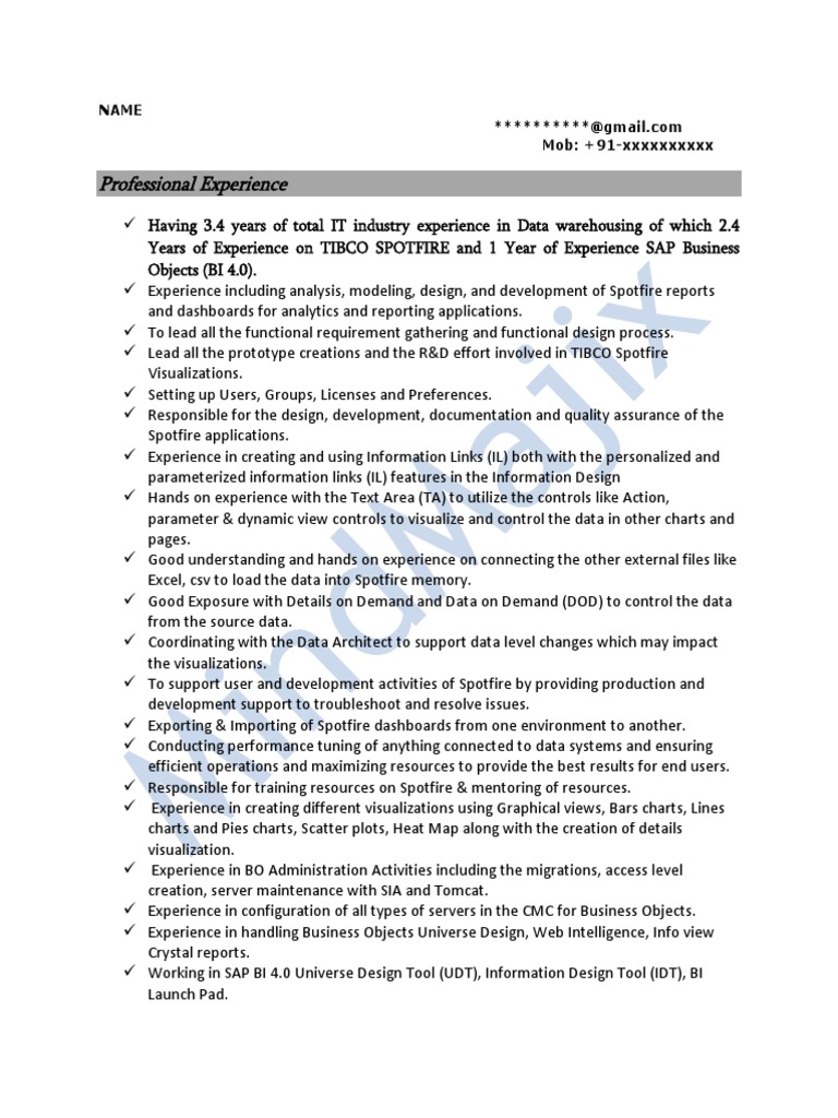 Tibco Spotfire Sample Resume 1 | PDF | Visualization (Graphics ...