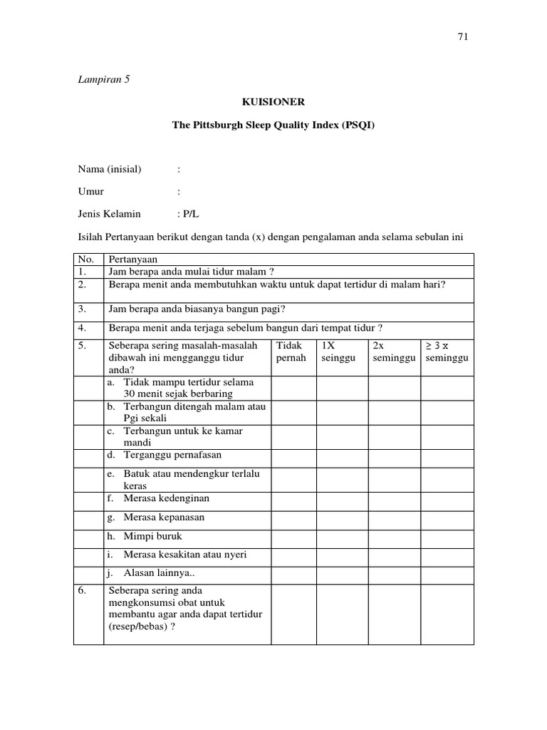 Lampiran 5 Kuesioner PSQI | PDF