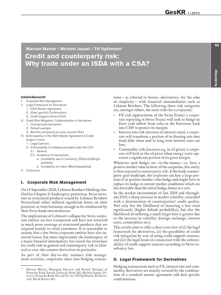 Credit and CP Risk Why Trade Under An ISDA PDF | PDF | Set Off (Law ...