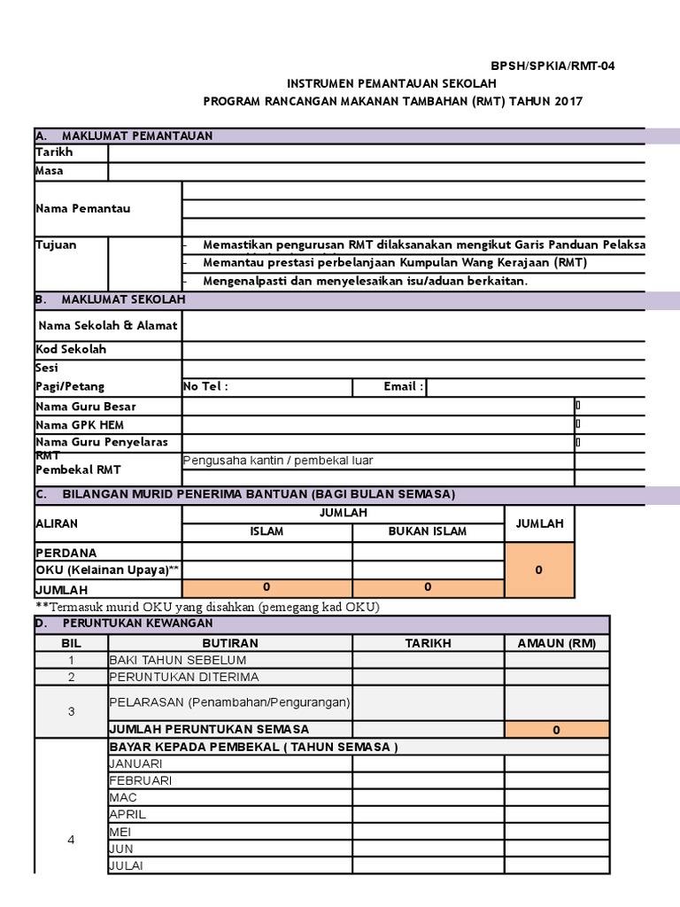 Borang Pemantauan RMT BPSH 2017 | PDF