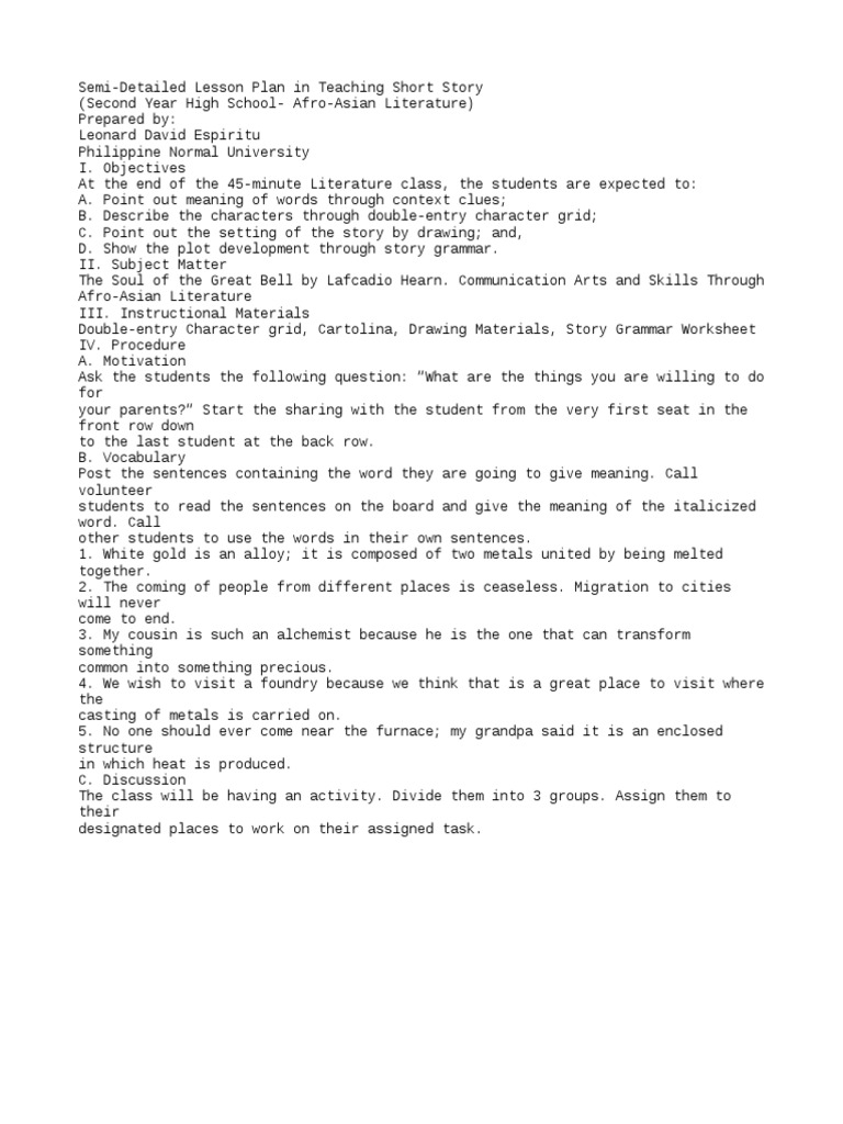 Semi Detailed Lesson Plan in Teaching Short Story | PDF | Lesson Plan ...
