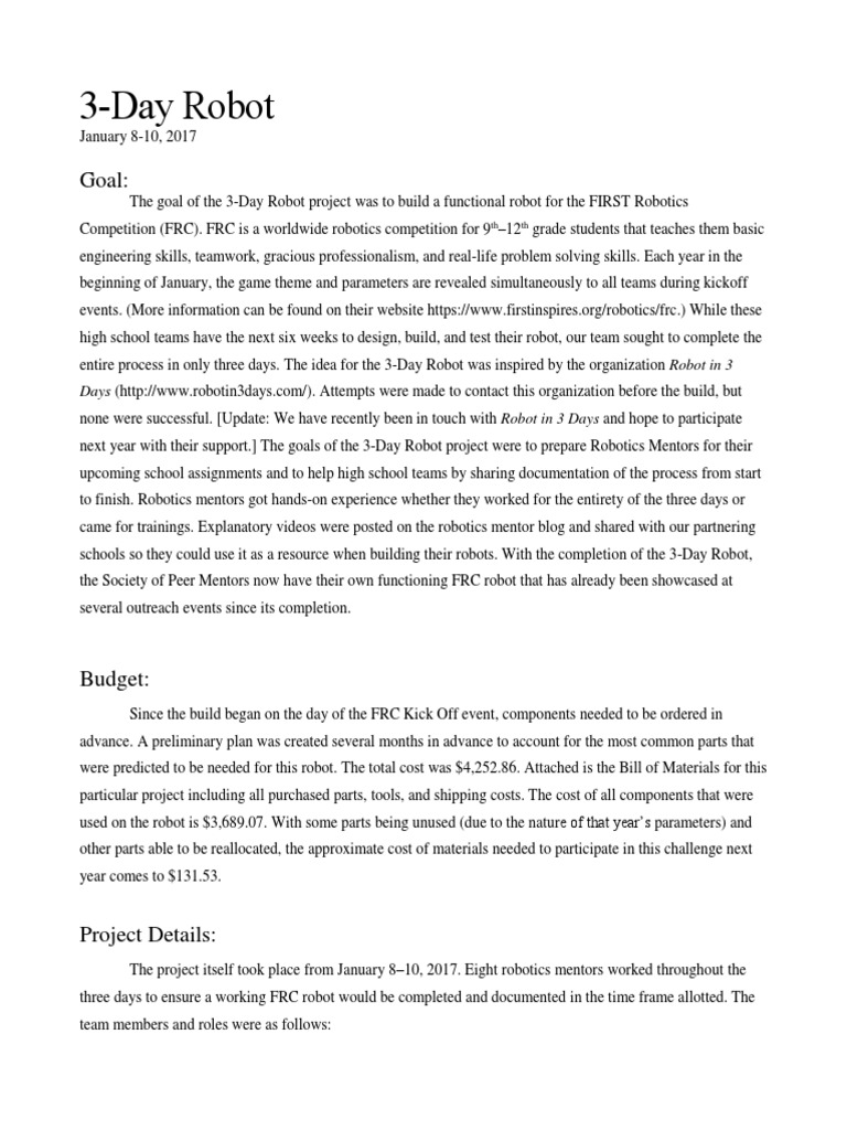 3 Day Robot Report Final | PDF | Mentorship | Robot
