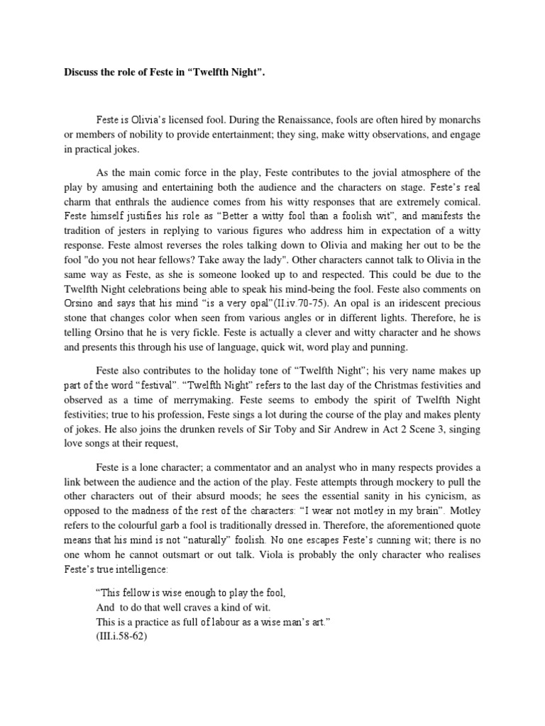 TWELFTH NIGHT - Role of Feste in Twelfth Night | PDF | Twelfth Night ...