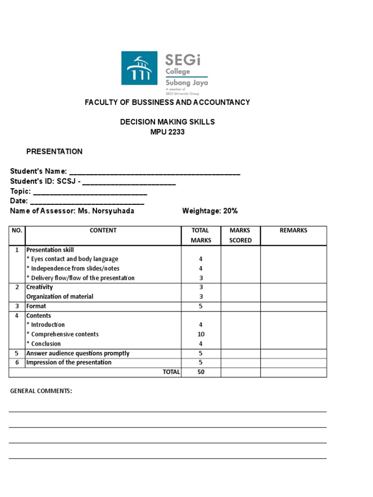 Presentation Marking Sheet - PHM | PDF