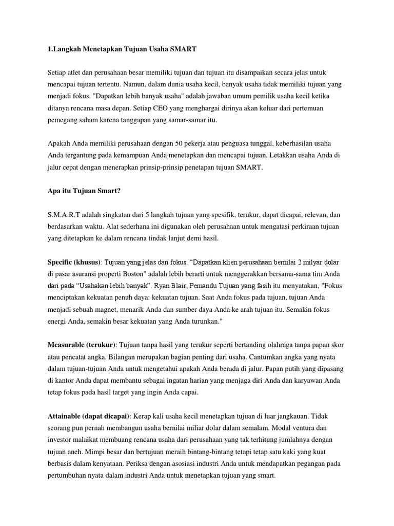 Langkah Menetapkan Tujuan Usaha SMART | PDF | Bisnis | Hukum Langkah Menetapkan Tujuan Usaha SMART | PDF | Bisnis | Hukum