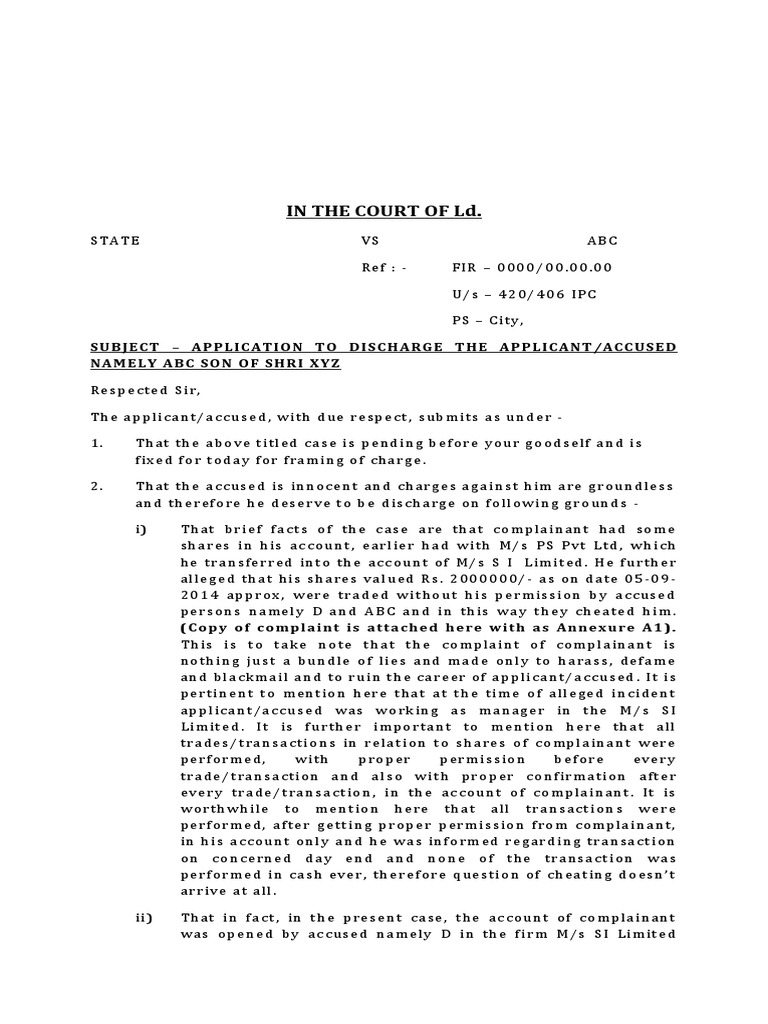 In The Court of LD.: Subject - Application To Discharge The Applicant ...