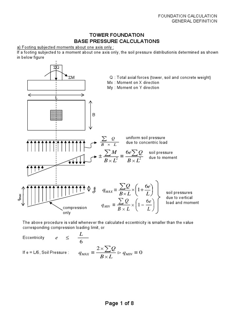 Tower Foundation Base Pressure Calculations: L B Q e L B M | PDF ...