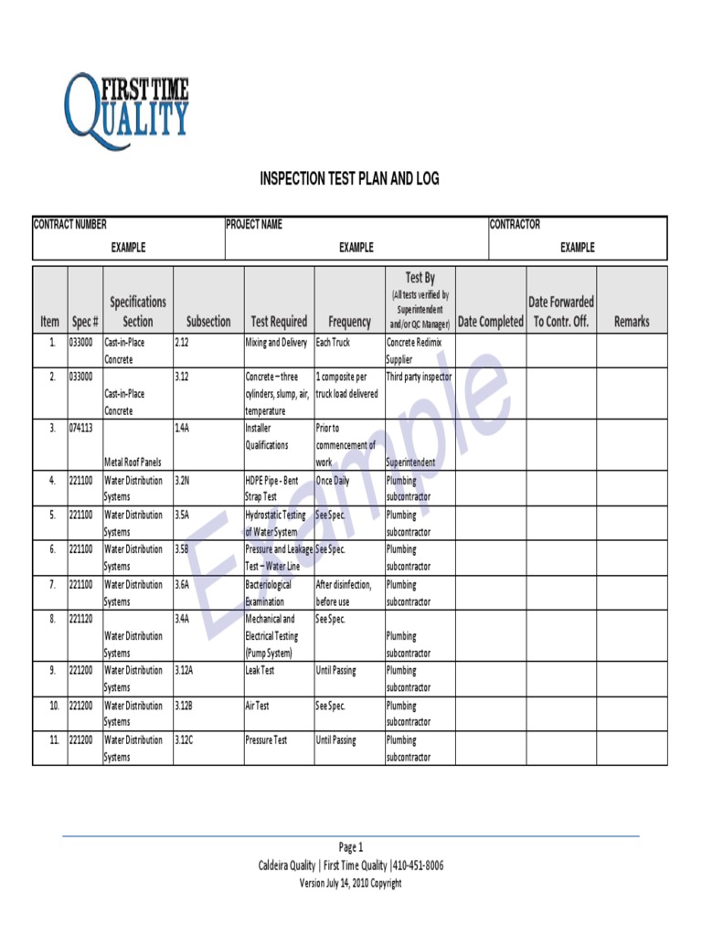 Inspection Test Plan Form Example - Firsttimequality PDF | PDF ...