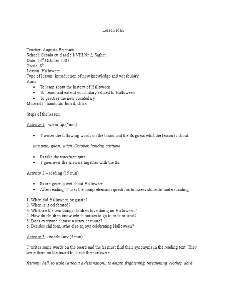 Halloween Lesson Plan Teaches History and Vocabulary | PDF | Halloween ...