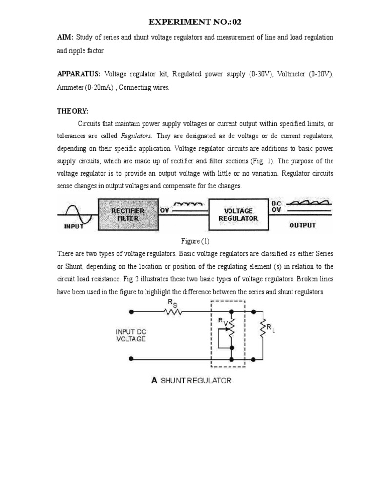 Experiment No.:02: AIM: Study of Series and Shunt Voltage Regulators and Measurement of Line and ...