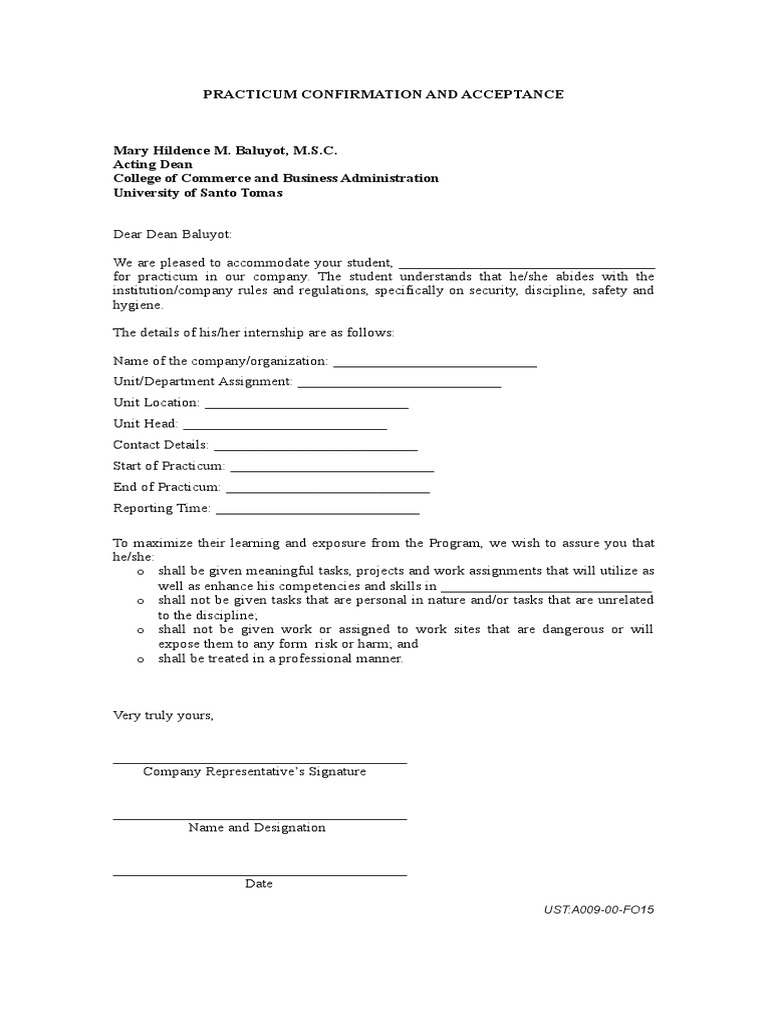 Confirmation of Practicum Placement for UST Student | PDF
