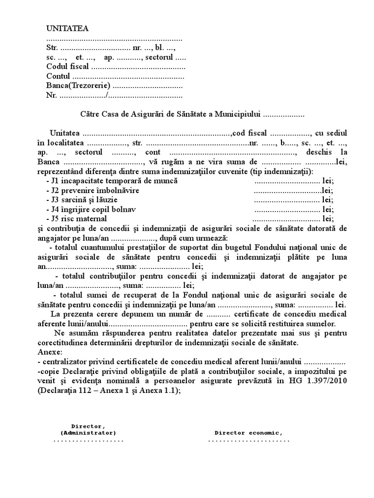 Cerere Pentru Recuperarea Sumelor Reprezentand Indemnizatii de Concedii ...