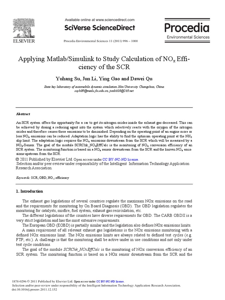 Applying Matlab - Simulink To Study Calculation of NOx Efficiency of ...