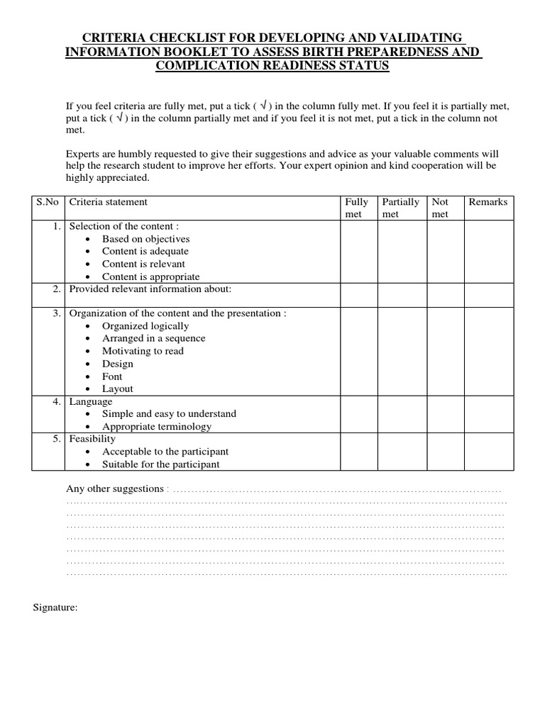 Criteria Checklist For Information Booklet | PDF