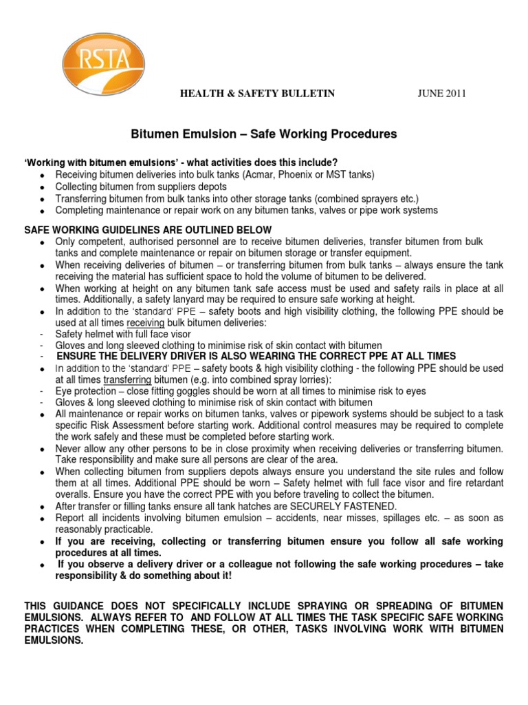 Bitumen Emulsion Safe Working Procedures | PDF | Personal Protective ...