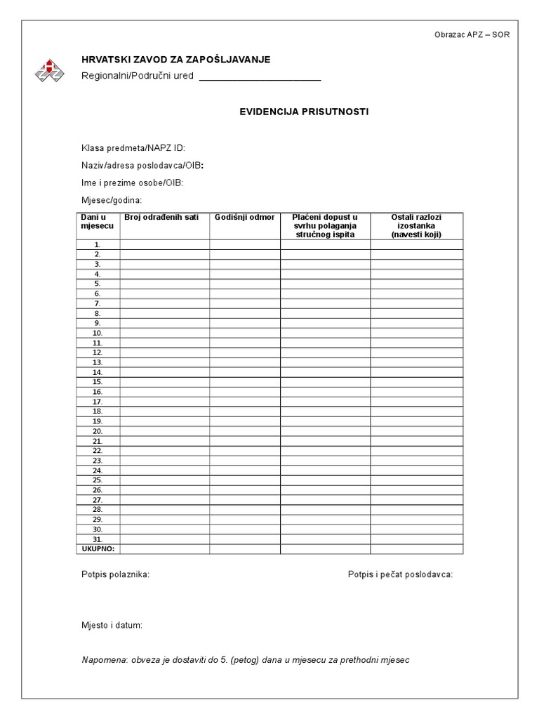 Obrazac-Evidencija Prisutnosti | PDF