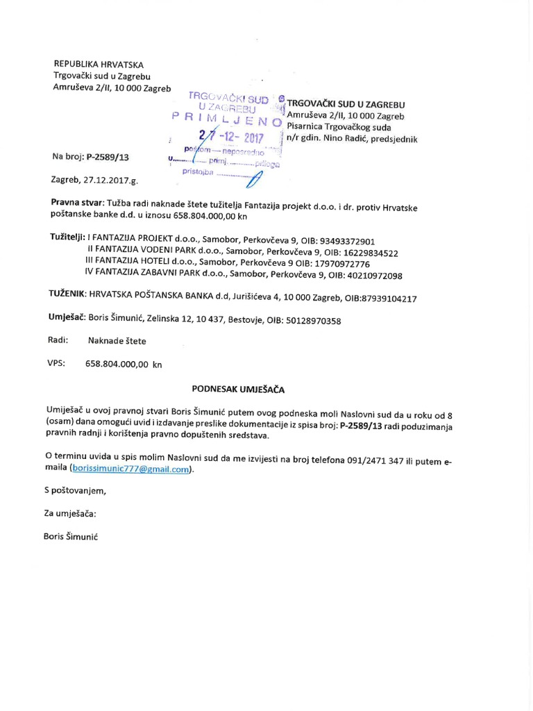 Boris Šimunić - Podnesak Trgovačkom Sudu Zagreb