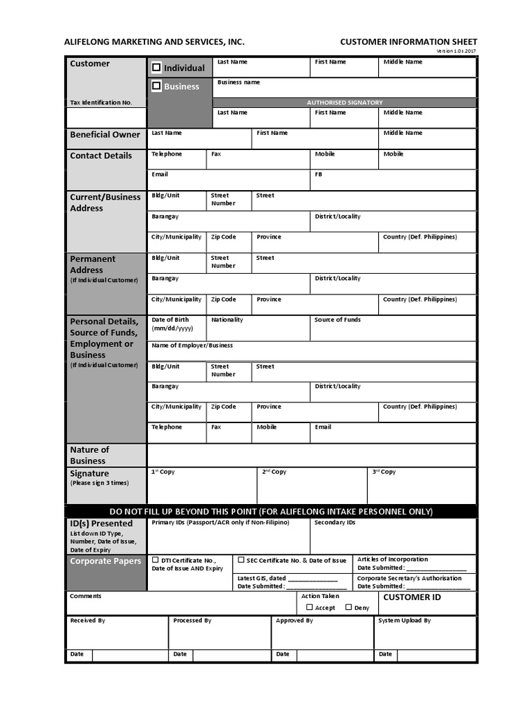 Customer Information Sheet Template | PDF | Identity Document | Government