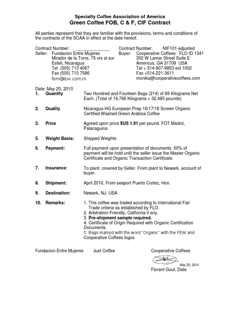 Green Coffee FOB, C & F, CIF Contract: Specialty Coffee Association of ...