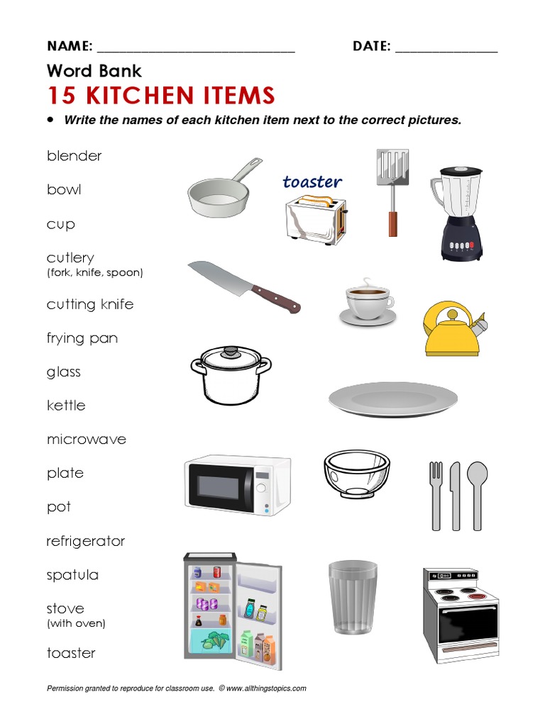 15 Kitchen Items: Word Bank | PDF