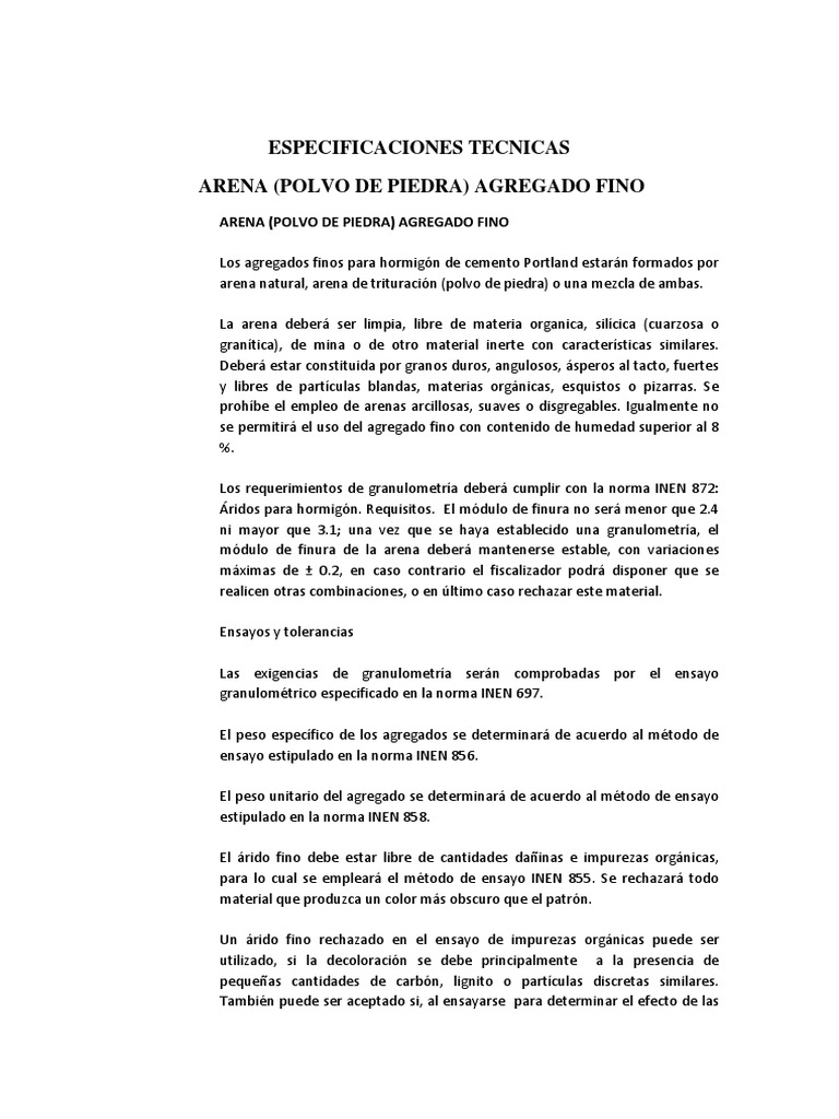 Especificaciones de Arena y Agregados | PDF | Cemento | Hormigón