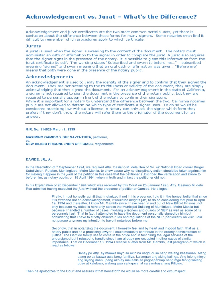 Jurat vs. Acknowledgement Explained | PDF | Notary Public | Affidavit