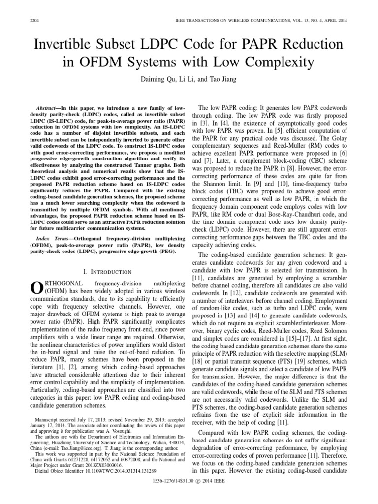 Invertible Subset LDPC Code For PAPR Reduction in OFDM Systems With Low Complexity | PDF | Low ...