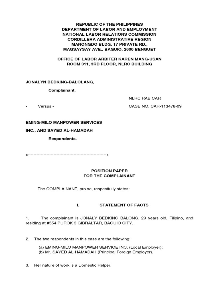 Position Paper Complainant | PDF | Employment | Government