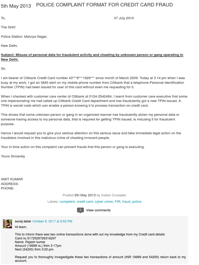 Police Complaint Format For Credit Card Fraud | PDF | Fraud | Credit Card