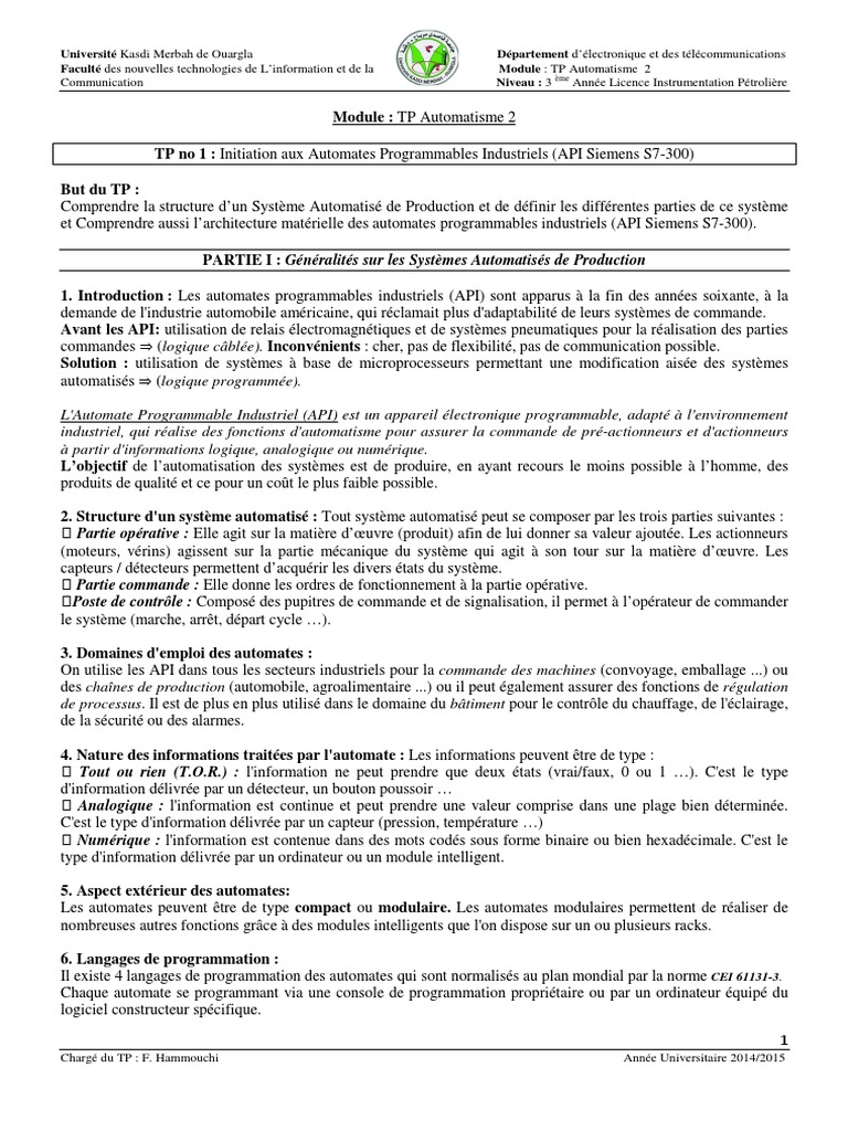 Introduction aux API Siemens S7-300 | PDF | Automate programmable industriel | Programme ...